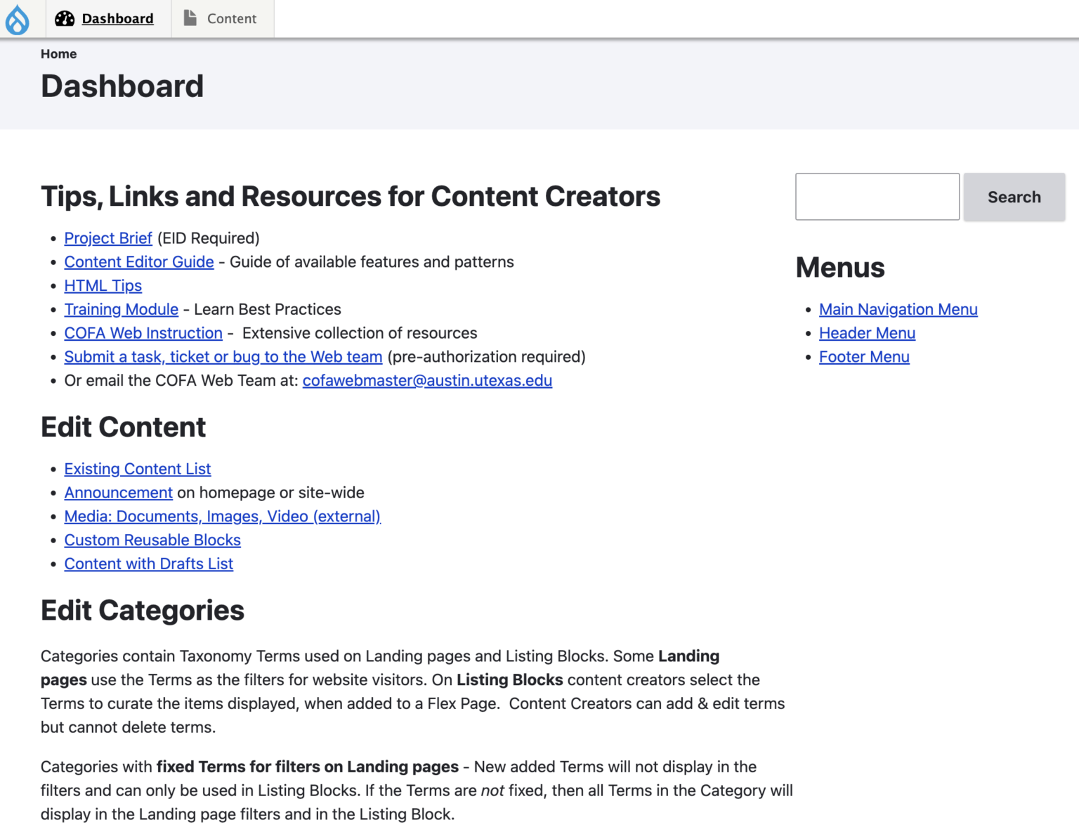 The Dashboard – College of Fine Arts Drupal Instruction