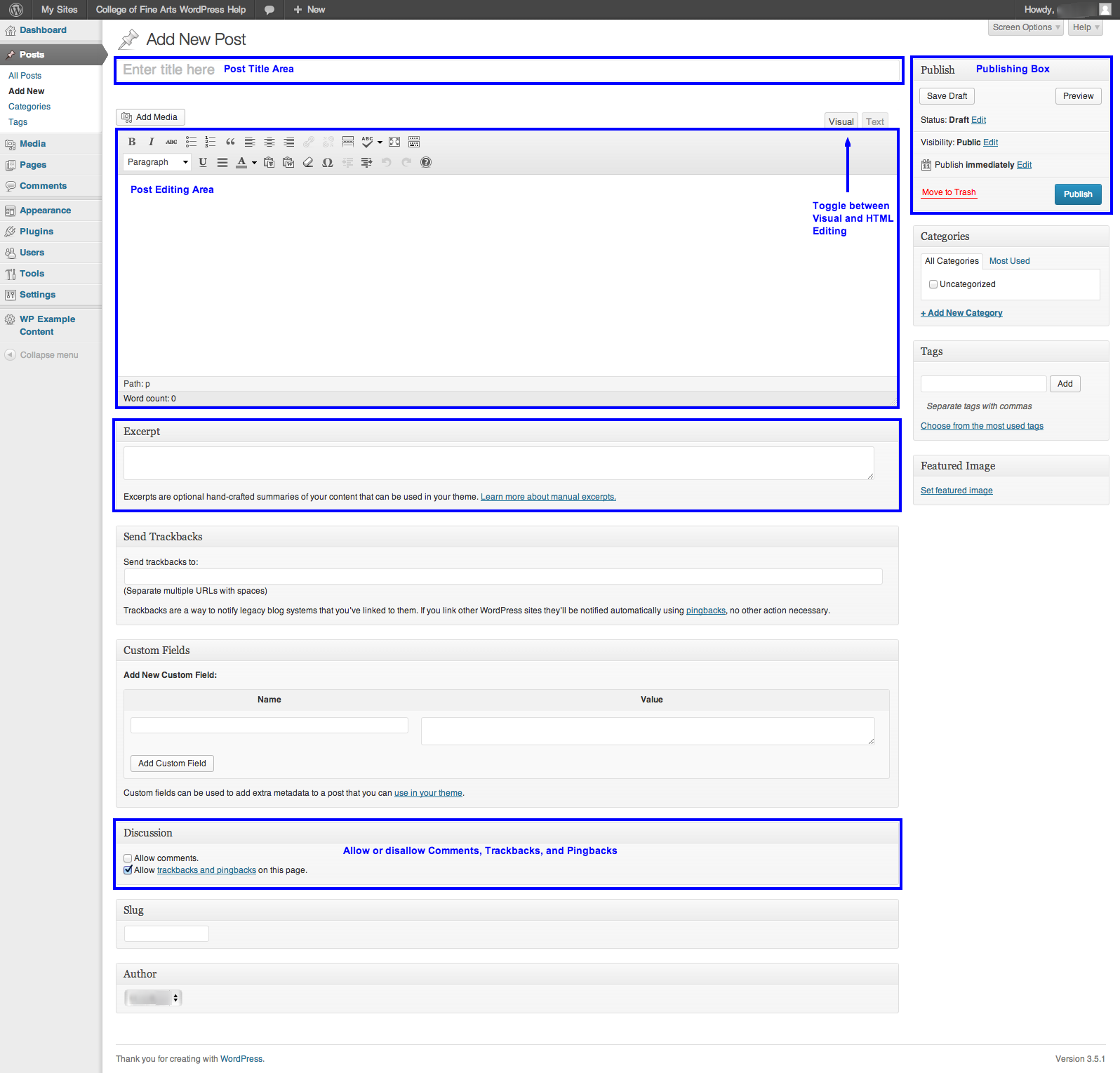Details of the Post Screen – College of Fine Arts WordPress Instruction
