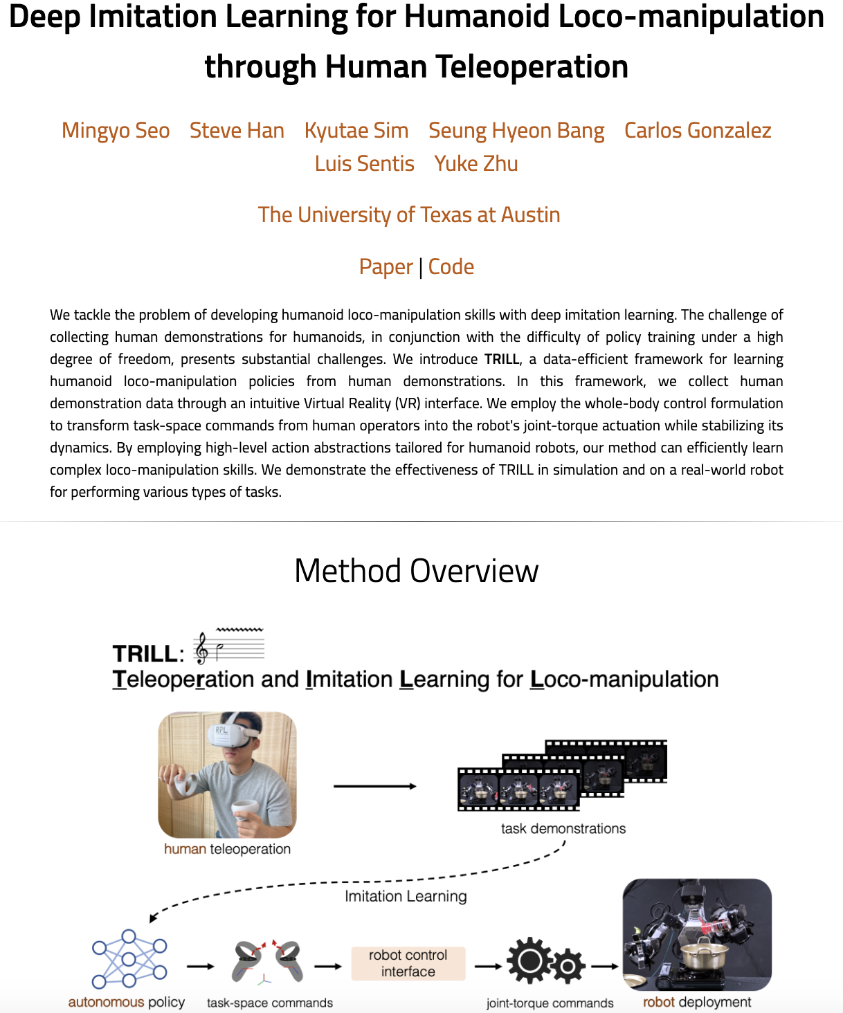 Humanoid Robot Deep Imitation Learning (TRILL) Website