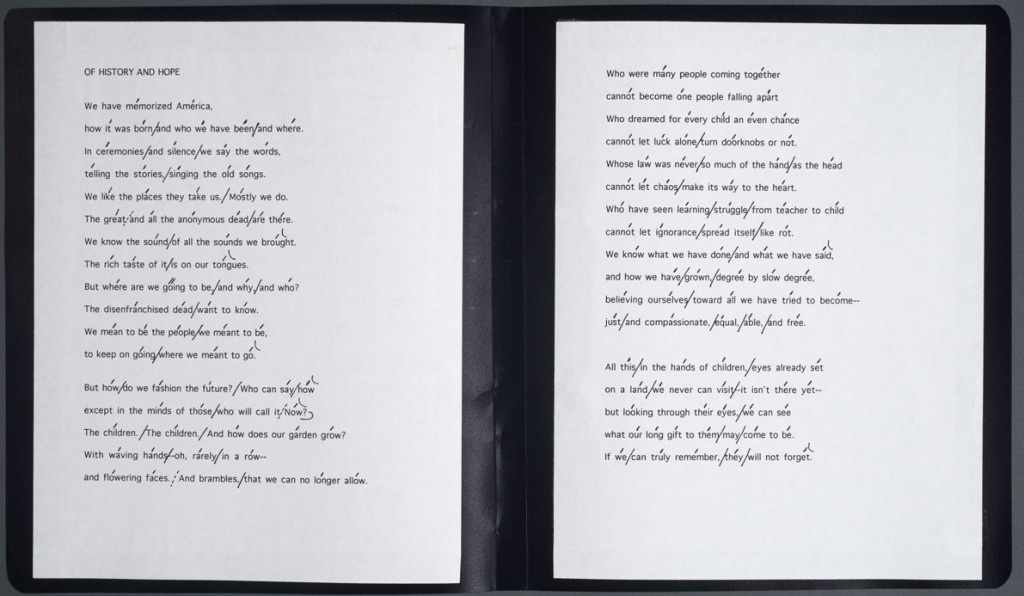 Miller Williams’s reading copy of his poem “Of History and Hope,” read ...