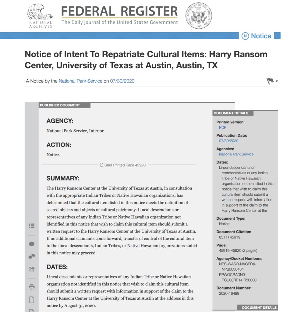 The Ransom Center and NAGPRA: A team effort in research