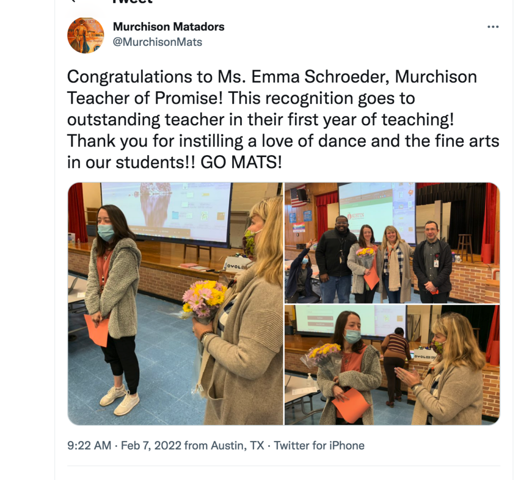 UTeach Dance Alumna, Emma Schroeder ’21, Named “Murchison Teacher of ...